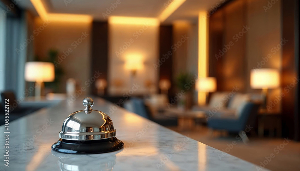 Gleaming hotel service bell on a sleek counter with a luxurious lobby ...