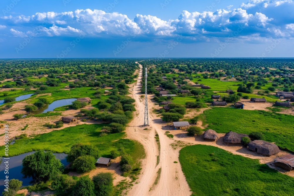 Aerial view of a rural village with a single internet tower in the ...