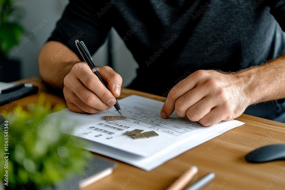 Person calculating interest on delayed payments, with notes on a sheet ...