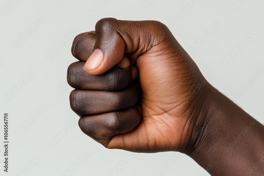This image presents a side profile of a clenched fist, conveying ...