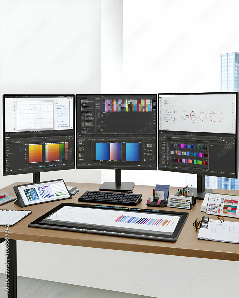 Modern office workspace with three monitors, keyboard, tablet, and ...