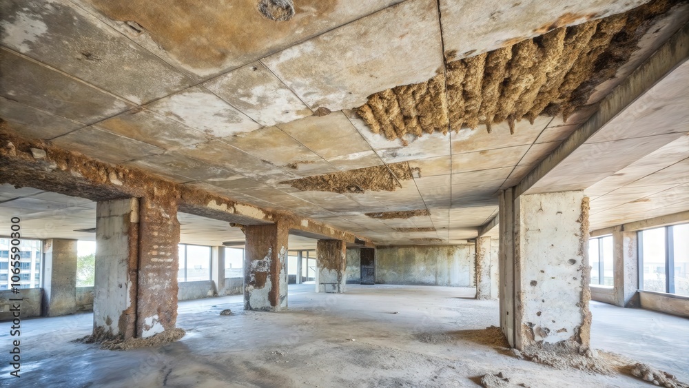 A dilapidated interior with a damaged ceiling, crumbling walls, and ...