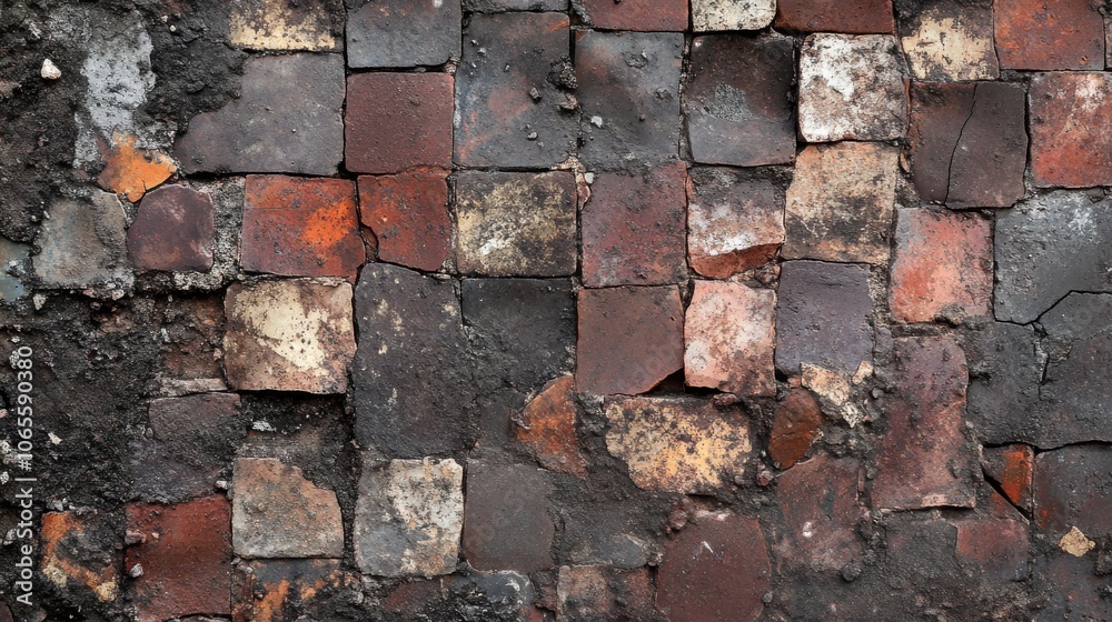 High angle of aged brick texture with visible mortar and variations in ...