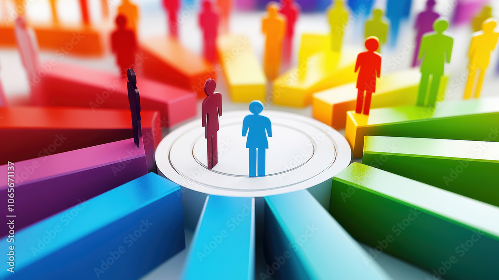 Colorful figures representing customer segments surround central figure ...