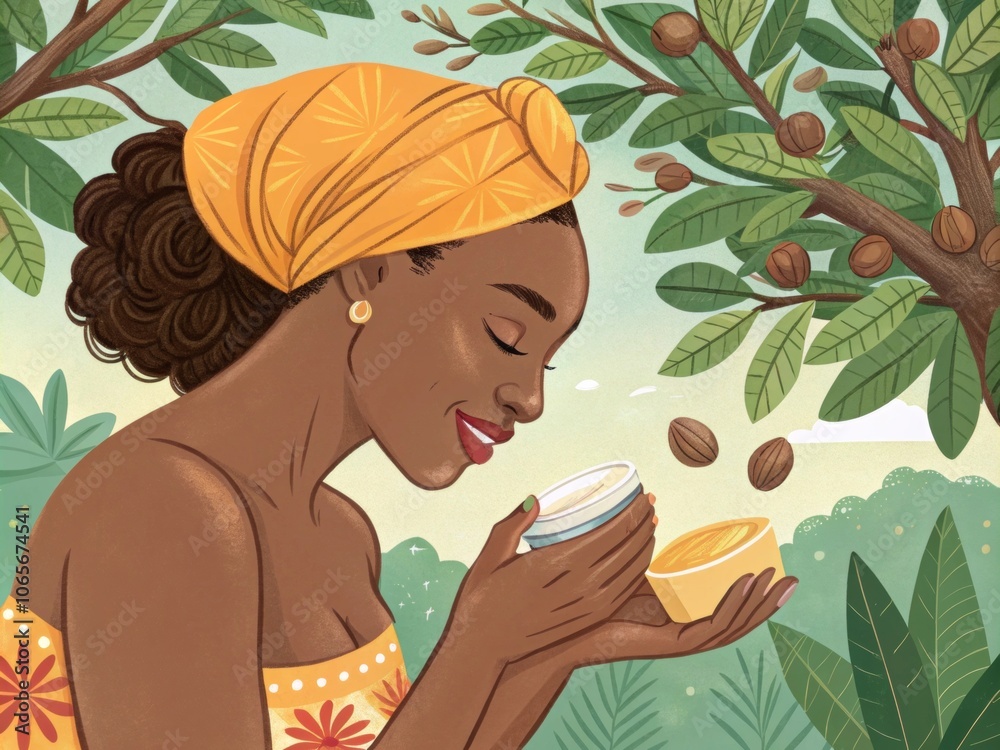 Woman applying shea butter to her skin, with a background of shea trees ...