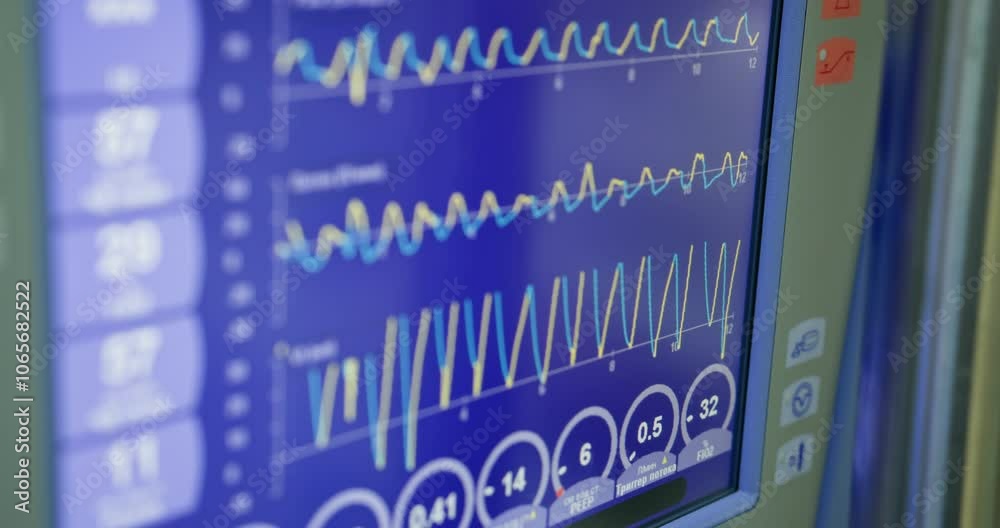 Medical monitor displaying patient vital signs in NICU. Detailed view ...