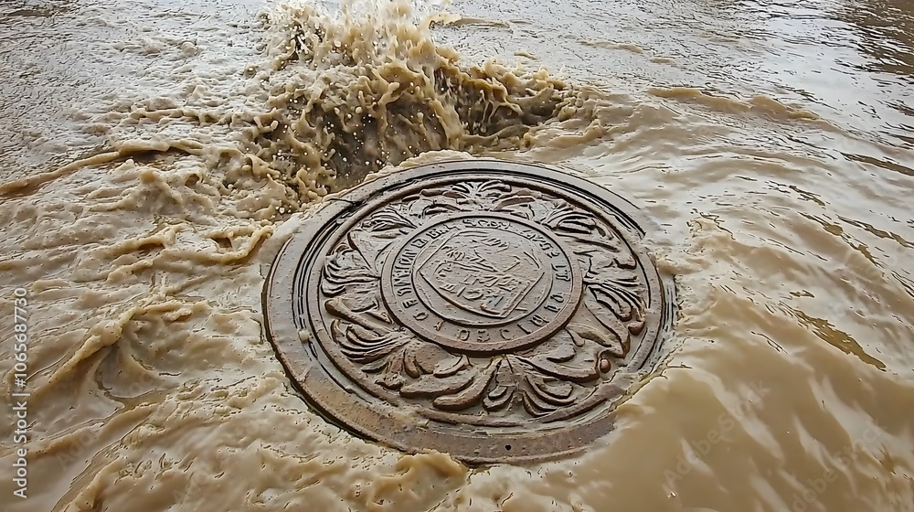 Sewage Overflow :water pollution. A manhole cover spewing sewage into a ...