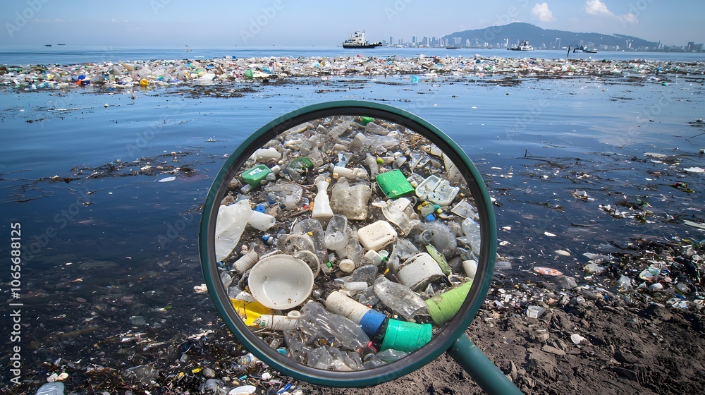 Microplastic Contamination : plastic pollution. A magnified view of ...