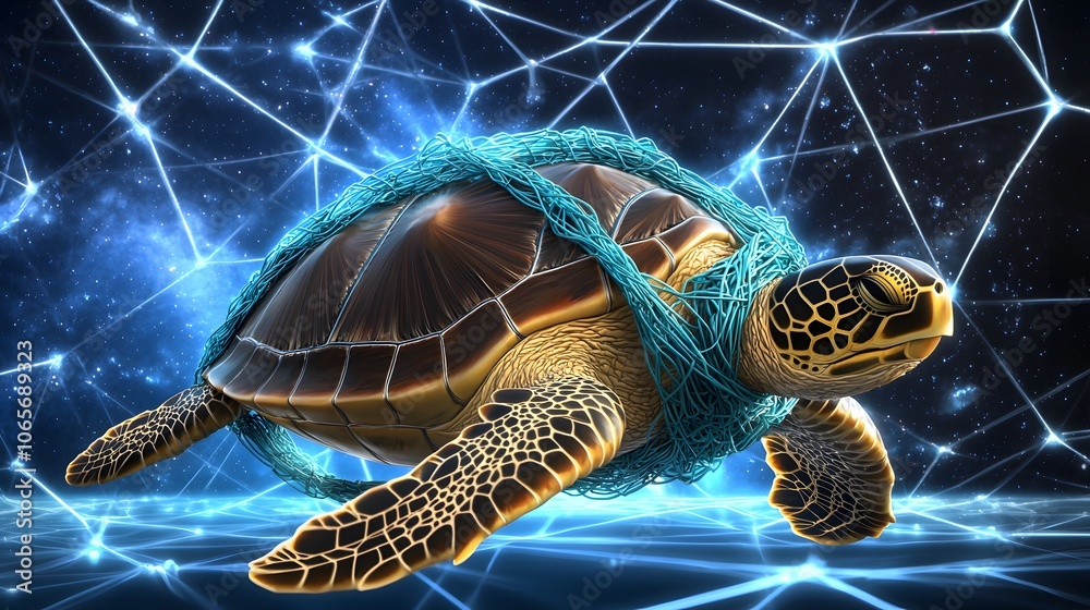 Strangled Wildlife : plastic pollution. An iconographic representation of a sea turtle entangled ...