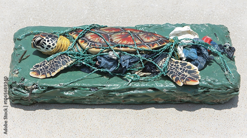Strangled Wildlife : plastic pollution. An iconographic representation of a sea turtle entangled ...