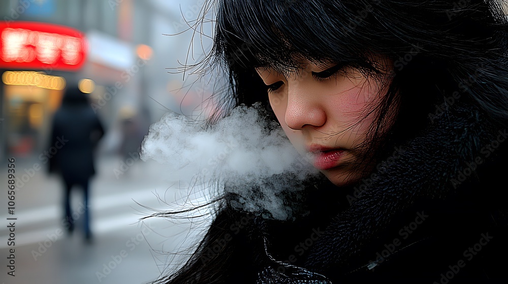 Breathing Difficulty: air pollution. A close-up of a person’s face ...