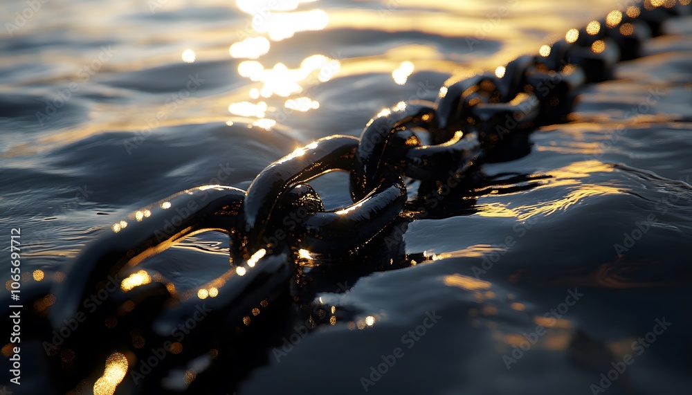 3D render of a close-up chain on the black and gold moorings in front ...