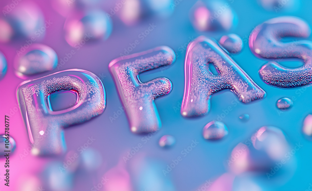 Glossy letters spelling "PFAS" with a vibrant, liquid-like texture on a ...
