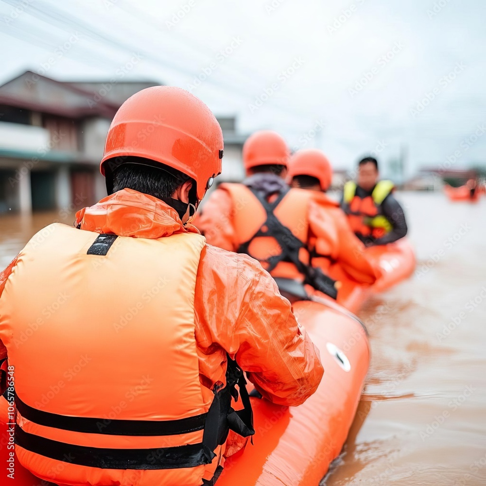 Emergency team helping residents escape flood, teamwork, focus on ...