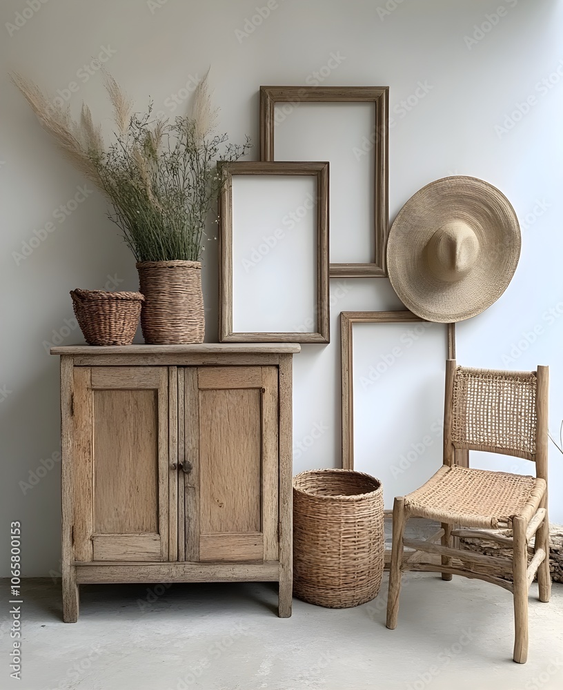 Rustic Boho Interior Design with Woven Baskets, Wooden Cabinet, and ...