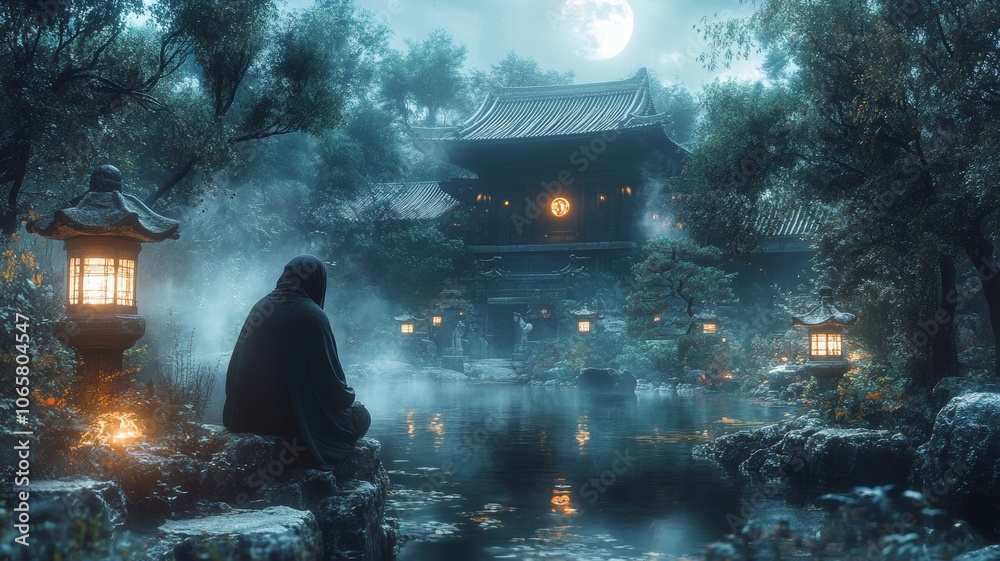 A mysterious ninja crouching in the shadows of a traditional Japanese ...