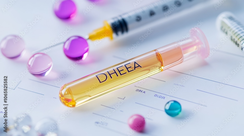 DHEEA test tube on a medical report sheet, surrounded by syringes and ...