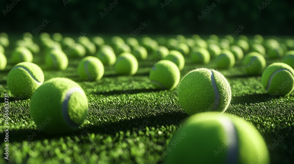 Tennis court ground cover with sports equipment like green tennis balls ...