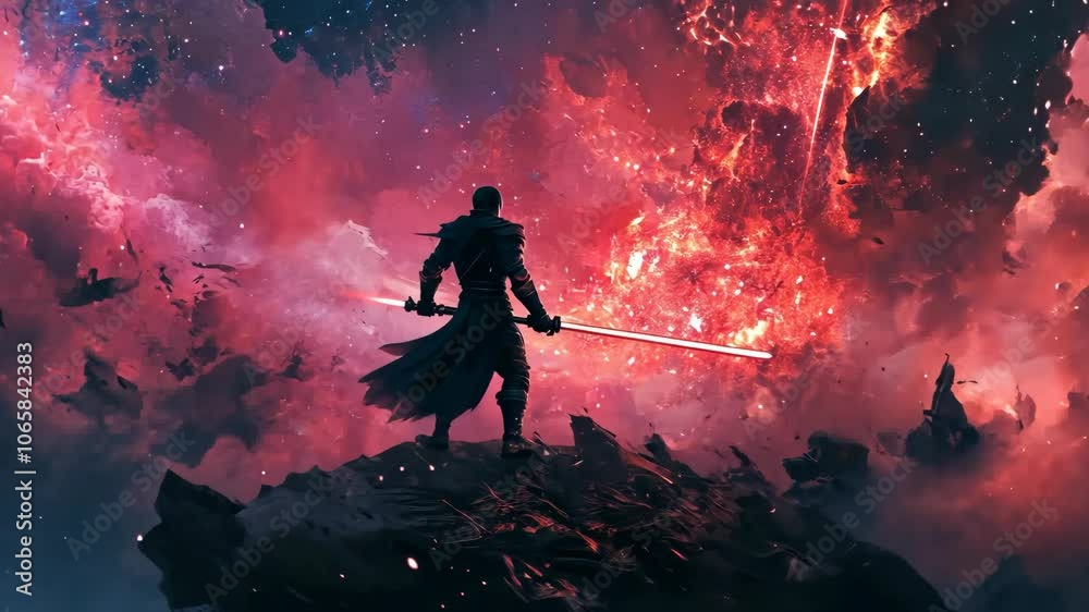 A lone warrior stands on a rocky peak, facing a fiery, red nebula in ...