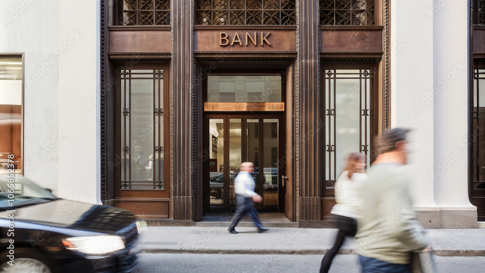 Urban financial district architecture with busy street scene and ...