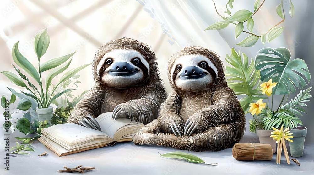 Two adorable sloths sharing a book surrounded by lush greenery and ...