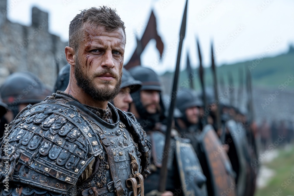 The chivalrous Medieval knight stands in the midst of an ancient ...