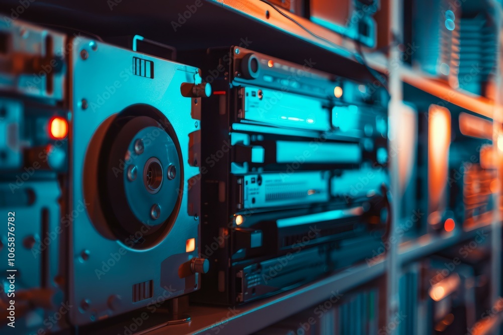 Network attached storage devices with blinking leds on a rack in a ...