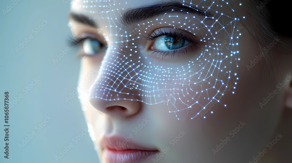 Facial Recognition technology a young woman's Face with mapping ...