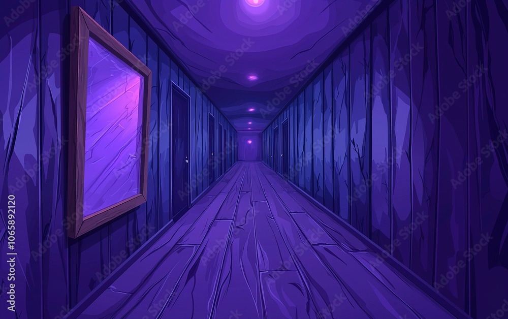 Mysterious purple-lit hallway with a mirror and closed door, creating ...