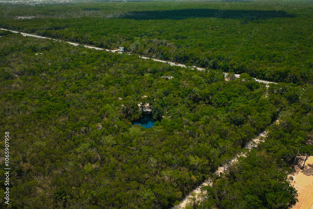Aerial View of Hidden Cenote Amidst Dense Jungle near Tulum Roadway ...