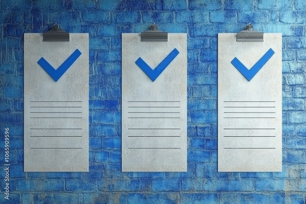 Three blue and white signs with a check mark on them are hanging on a ...