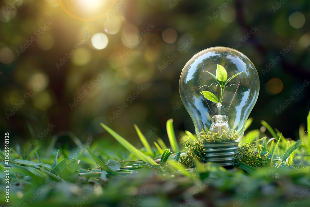 Green plant sprouting from the ground, growing inside a light bulb ...
