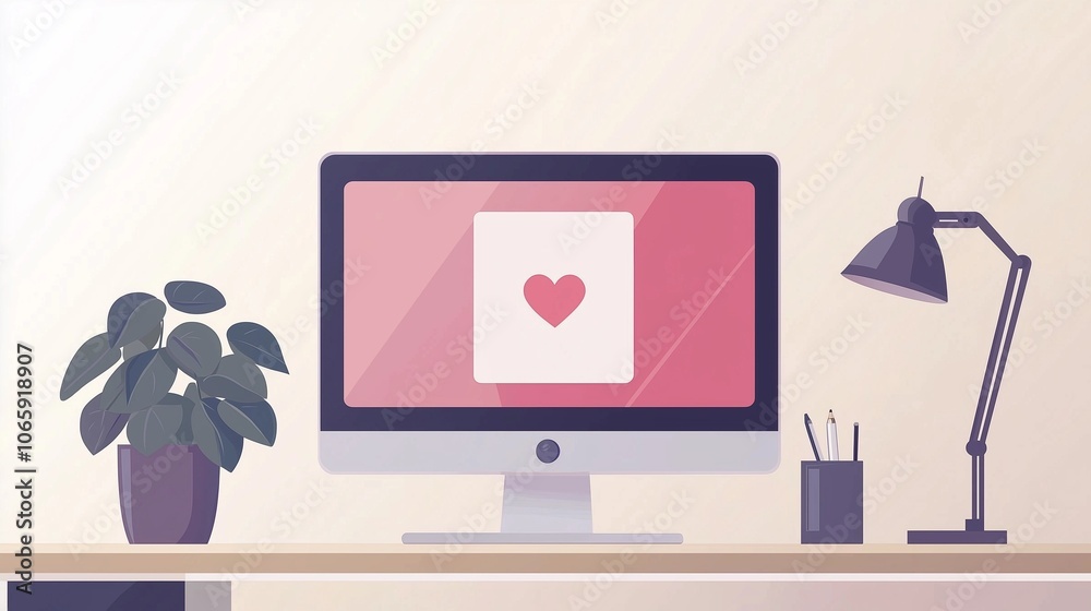 A modern workspace featuring a computer with a heart symbol on the ...