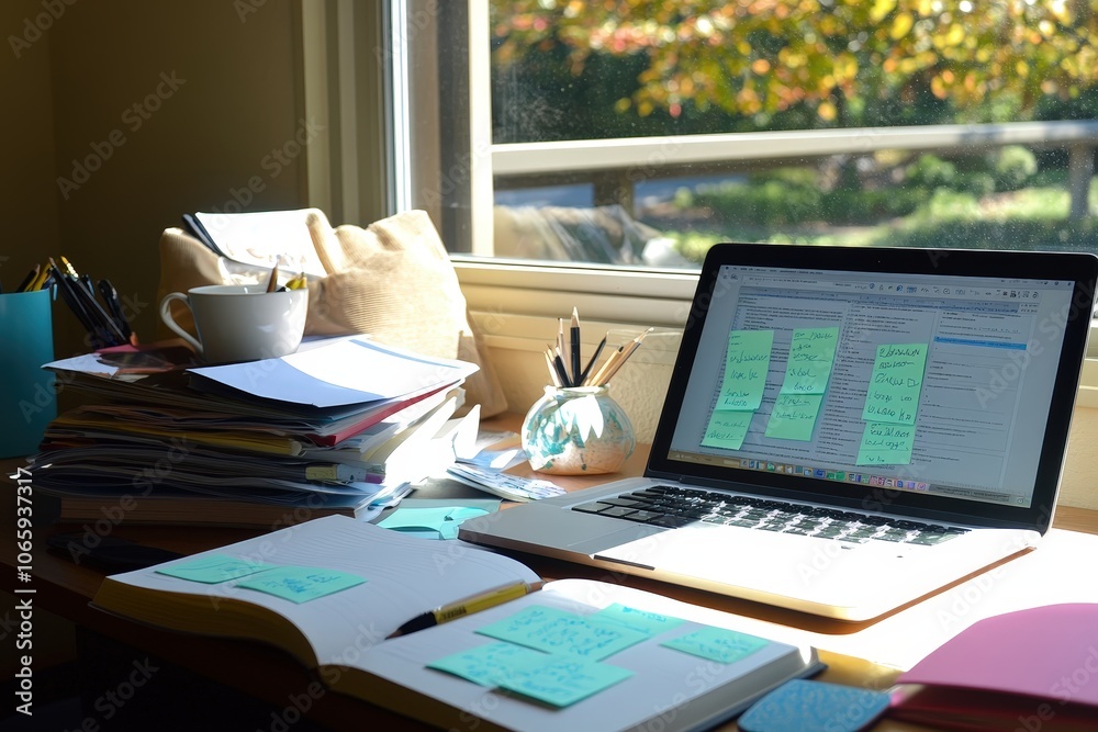 Sunlit study desk with a laptop, open books, notes, sticky reminders ...