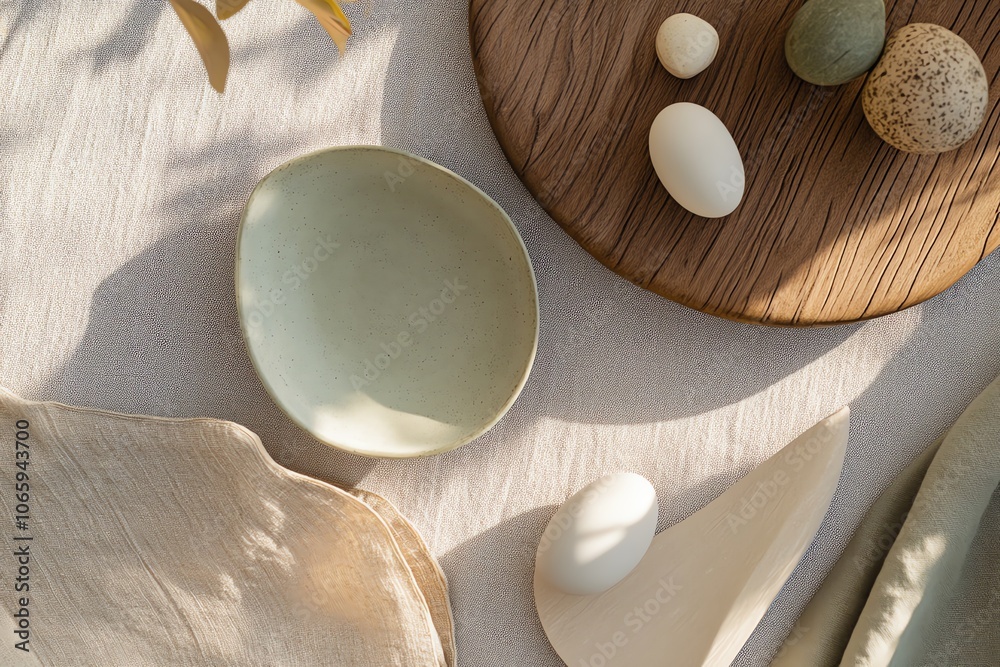 Dispositions minimalistes en tons terreux avec objets et textures ...
