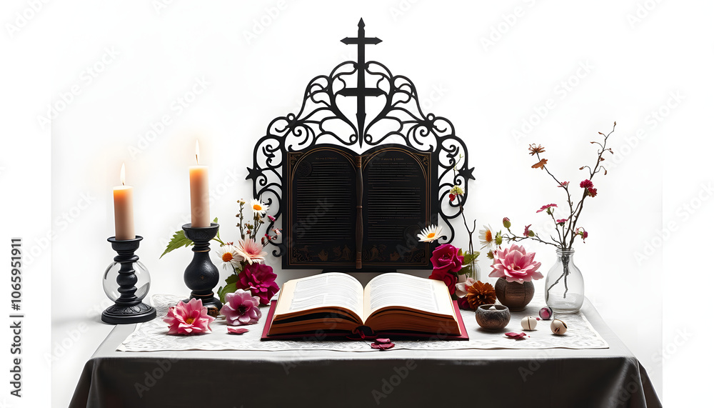 Witch altar table with magic book, flowers and spiritual objects ...