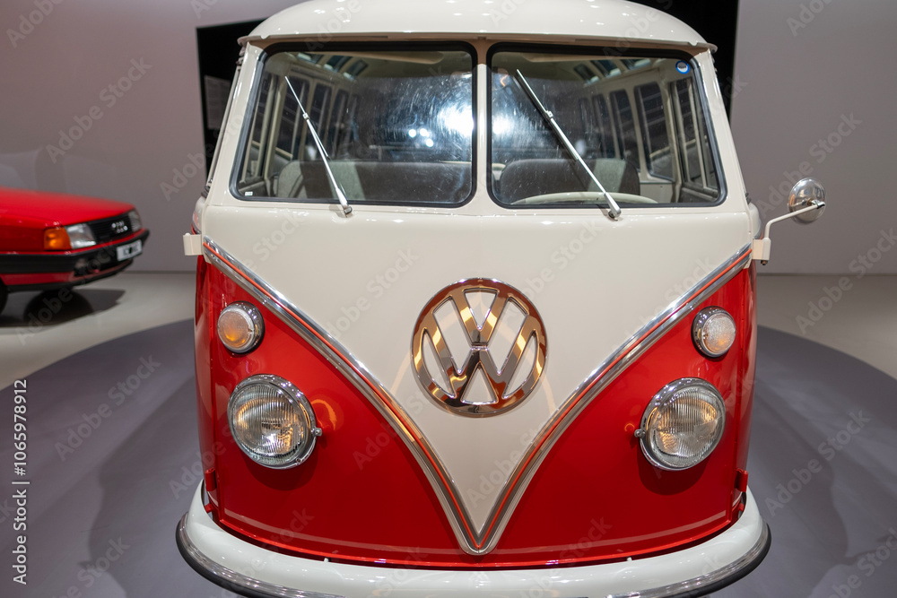 classic vintage red and white Volkswagen bus, automotive pop culture ...