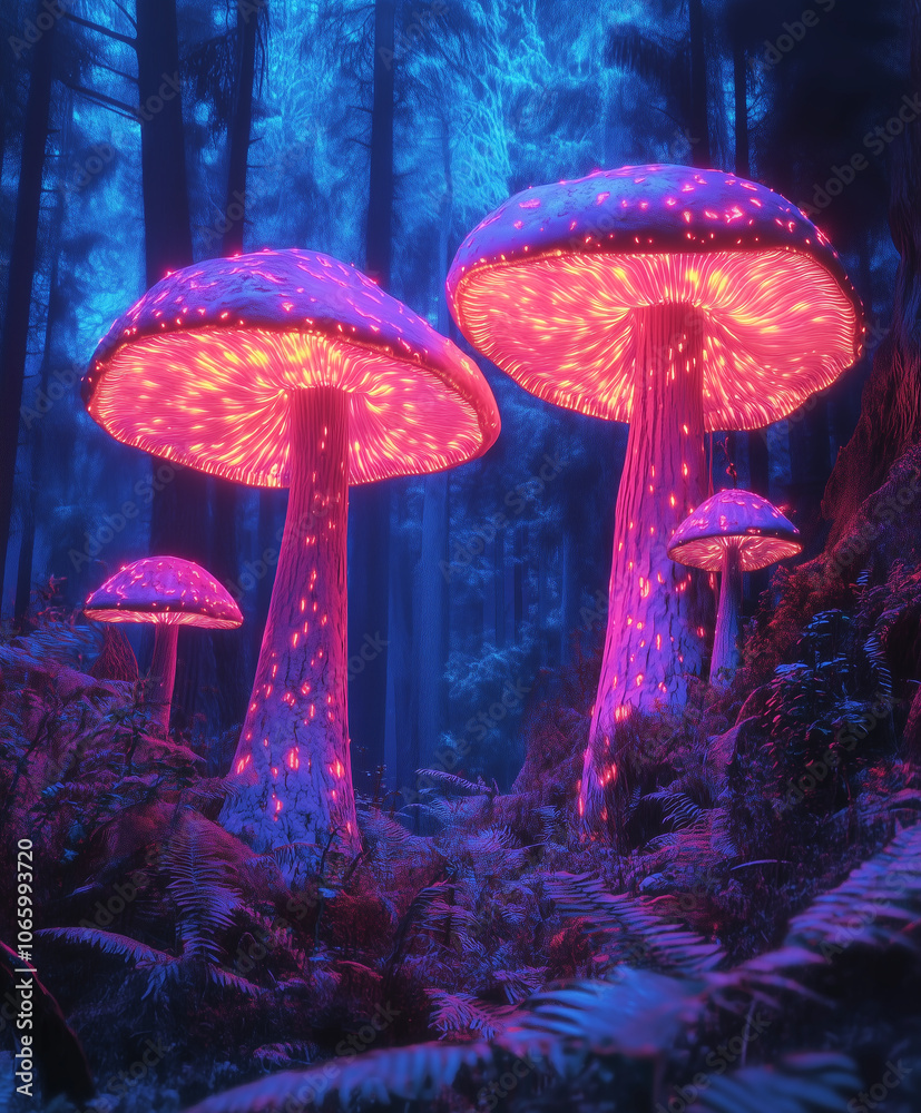 Magic mushrooms in a ethereal forest environment of pink, blue ...