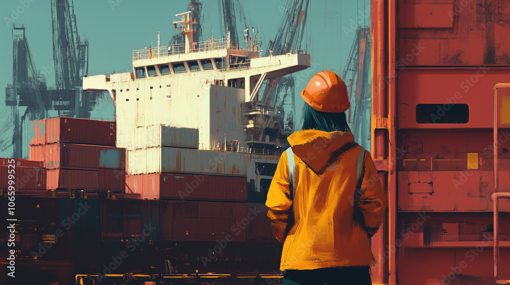 Woman dockworker wearing a safety helmet and jacket watches as a ...