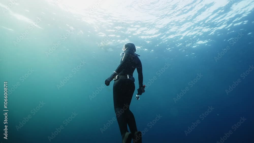 Man diver freediver in neoprene costume float up from deep blue ocean ...