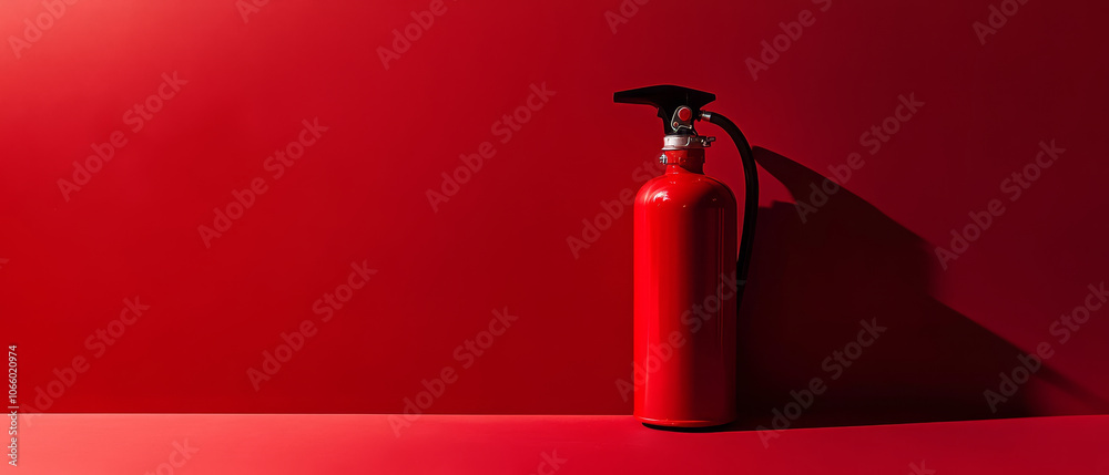 red fire extinguisher stands prominently against bold red backdrop ...