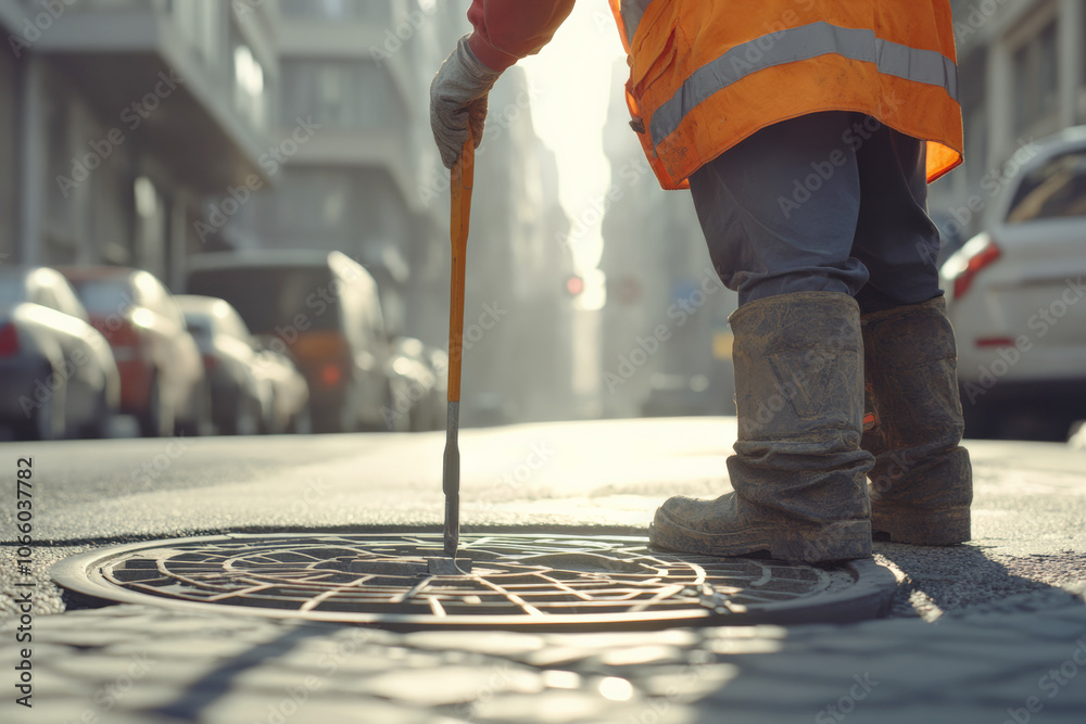 Public works employee in an orange safety vest and worn boots using a ...
