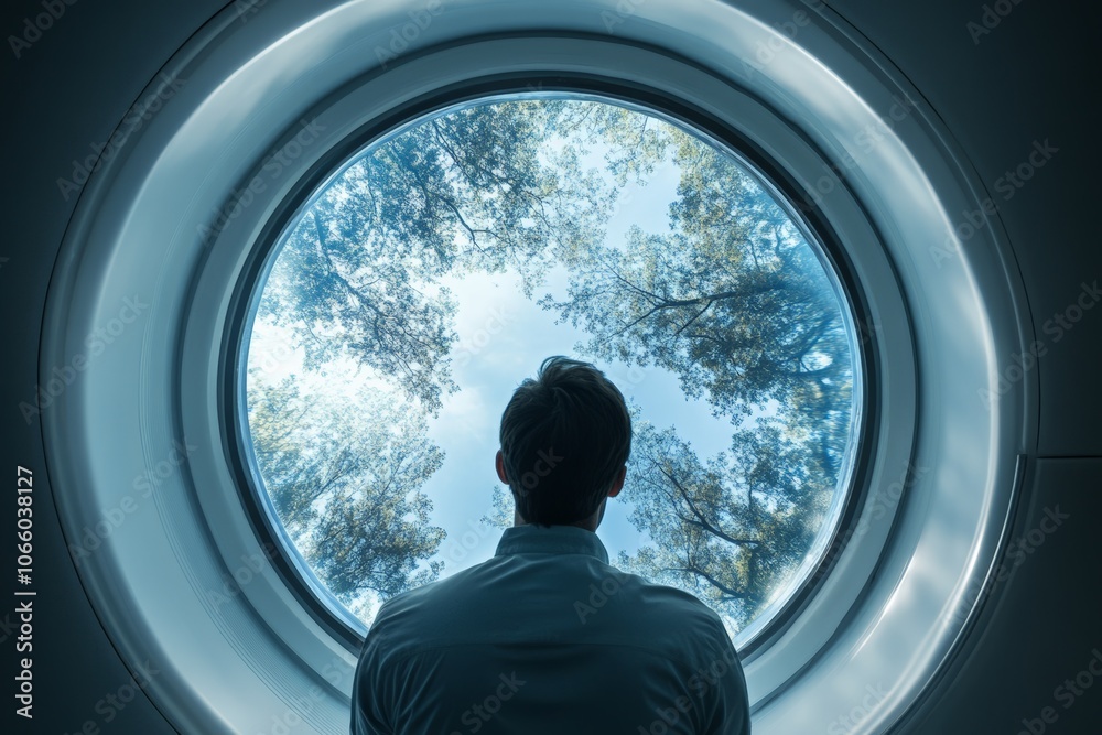 Businessman finding solace in nature, gazing up at trees through a ...