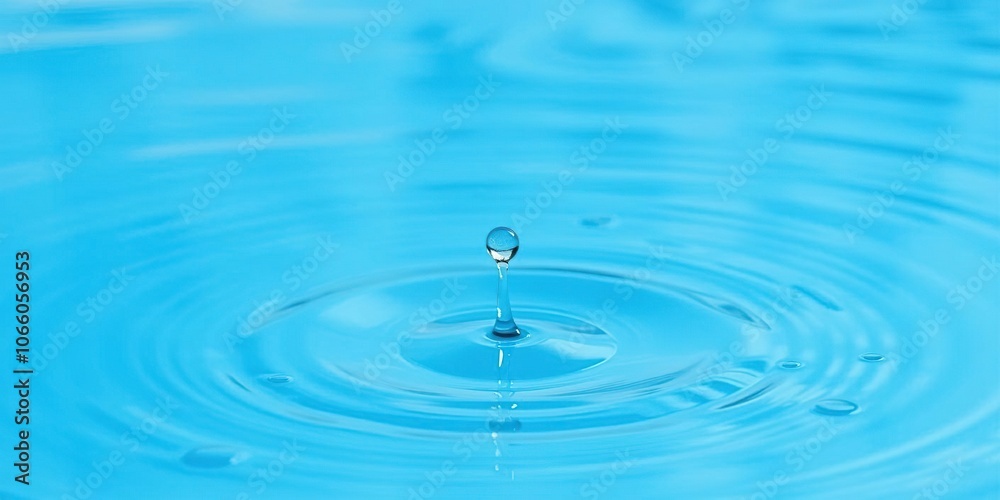 A single water drop falls onto a blue pool, creating ripples and waves ...