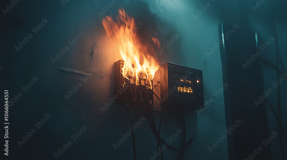 Electrical surge protector on fire showcasing electricity safety hazard ...