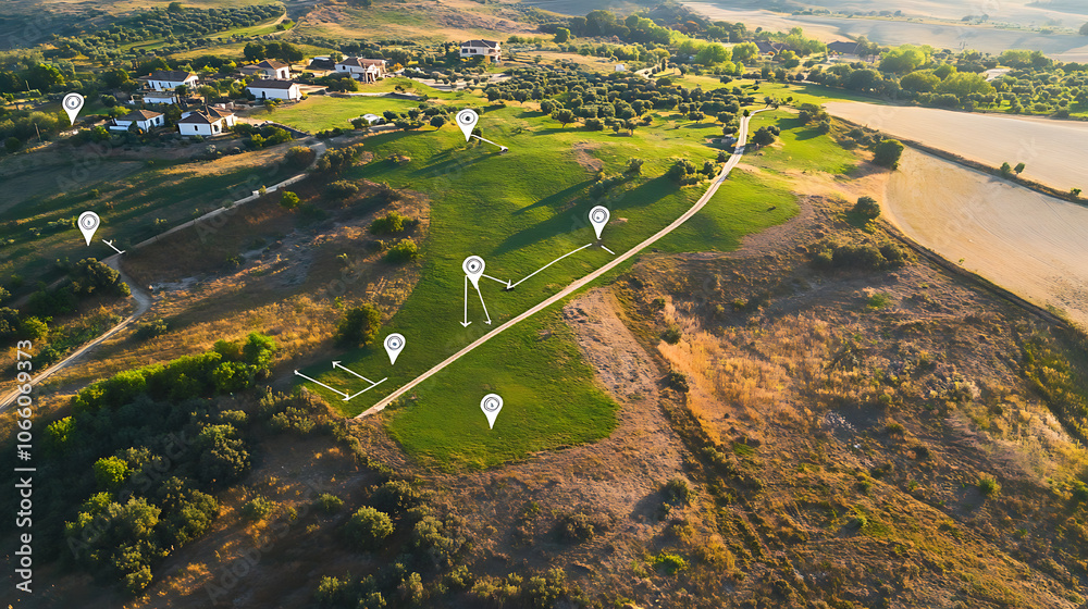 Aerial view of property mapping with location markers and connected ...