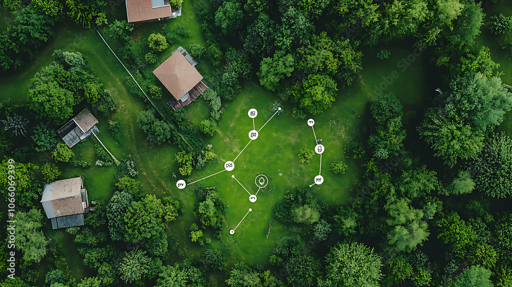 Aerial view of property mapping with location markers and connected ...