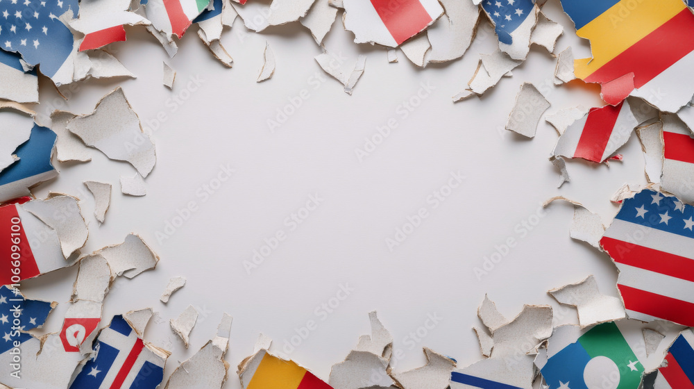 Torn paper revealing international flags, symbolizing global unity and ...