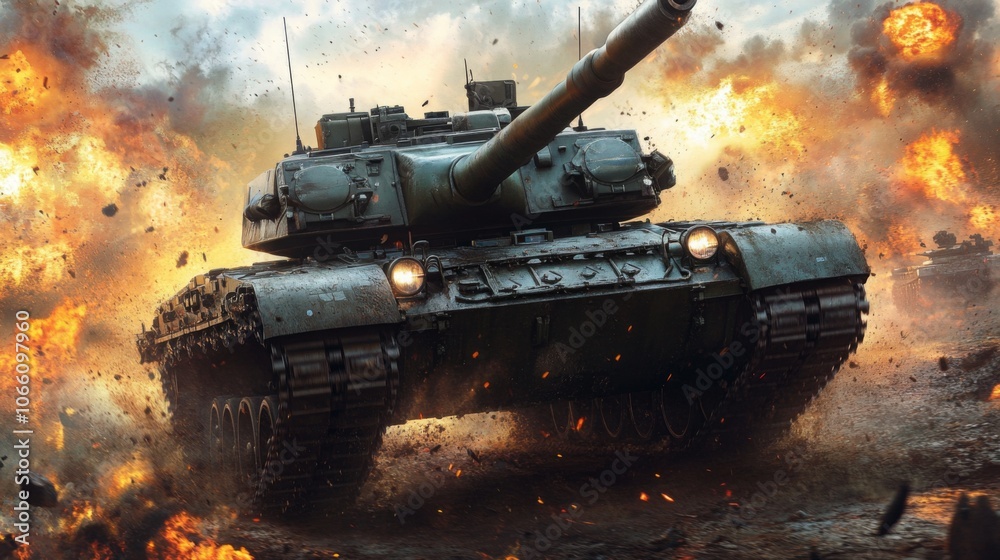 Dynamic image of a military tank advancing through a battlefield amidst ...