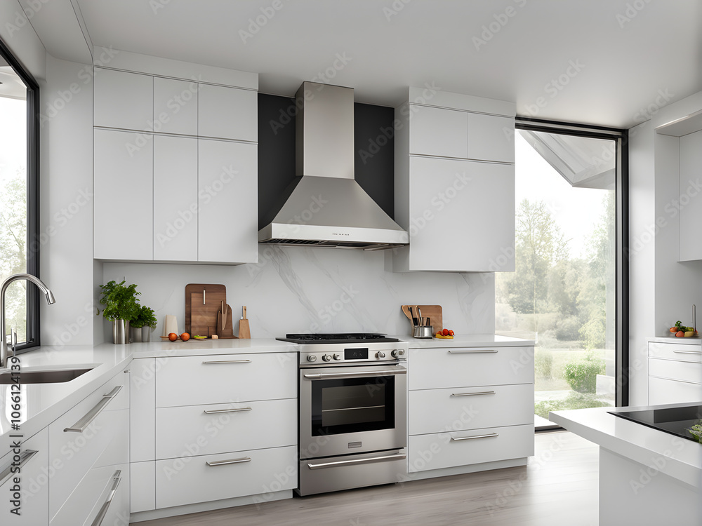 Interior of contemporary kitchen with white cabinets and built in oven ...